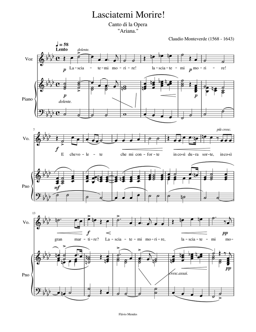 Lasciatemi morire – Claudio Monteverdi Sheet music for Piano, Vocals ...