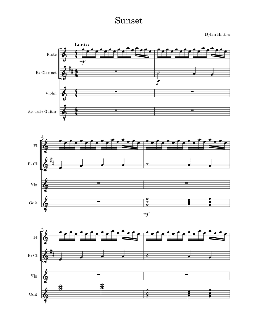 Sunset Sheet music for Flute, Clarinet in b-flat, Violin, Guitar (Mixed ...