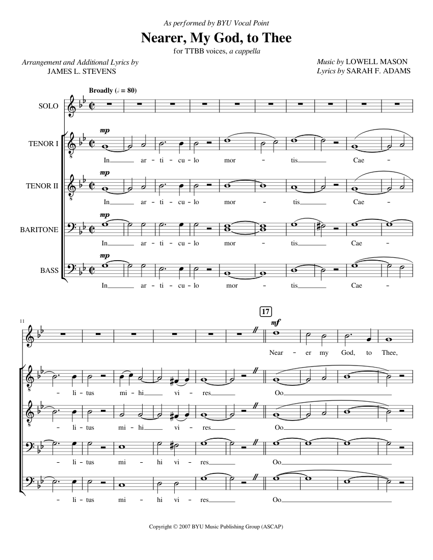 Nearer My God to Thee - BYU Choral Version Sheet Music for Tenor, Bass ...