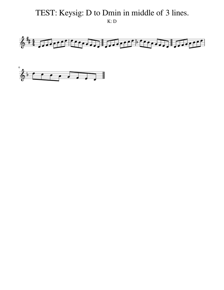 TEST: Keysig: D to Dmin in middle of 3 lines. Sheet music for Piano ...