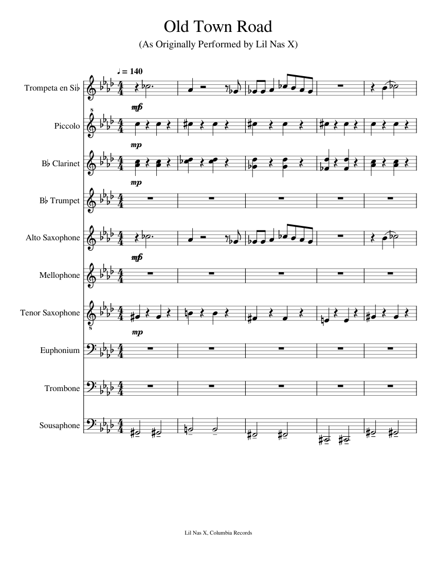 Old Town Road Sheet Music for Trombone, Euphonium, Mellophone, Flute piccolo & more instruments ...