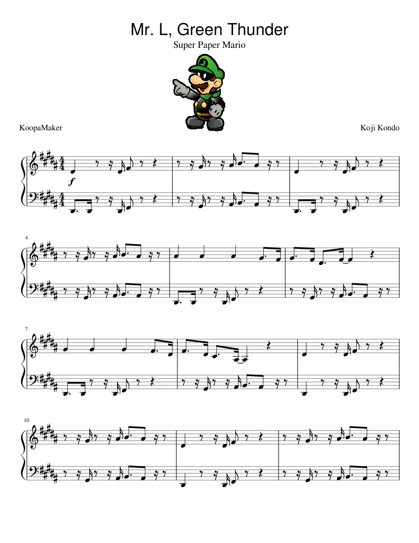 Super Paper Mario - Mr. L, Green Thunder Sheet Music for Piano (Solo ...