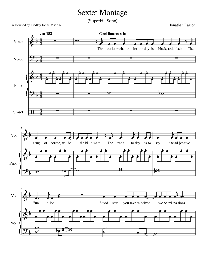 Sextet Montage – Jonathan Larson Sheet music for Piano, Vocals, Drum ...