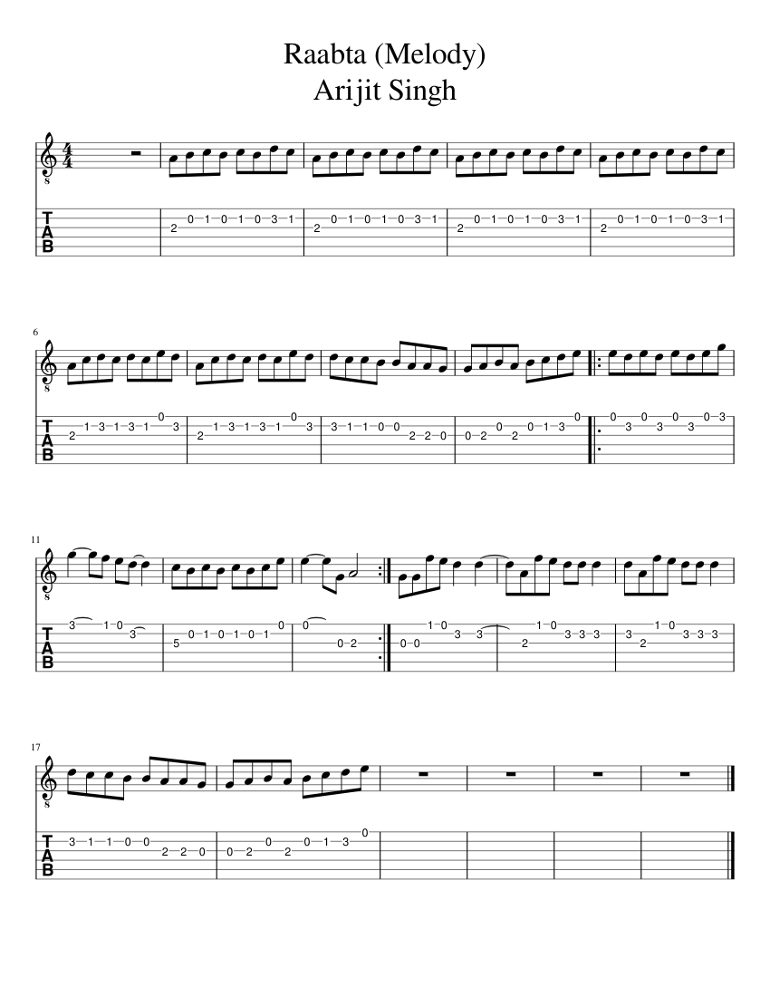 Raabta Melody Arijit Singh Sheet Music and Tab for Guitar (Solo ...