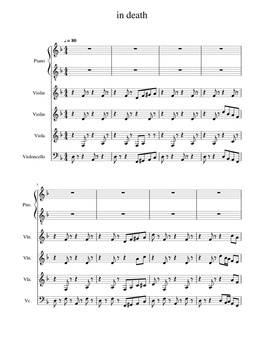 In Death Draft Sheet music for Piano, Violin, Viola, Cello (Piano ...