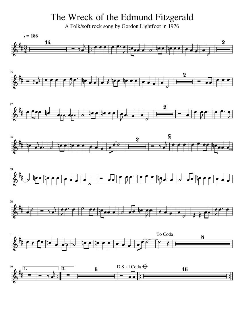 Trumpet Solo-The Wreck of the Edmund Fitzgerald Sheet music for Trumpet ...