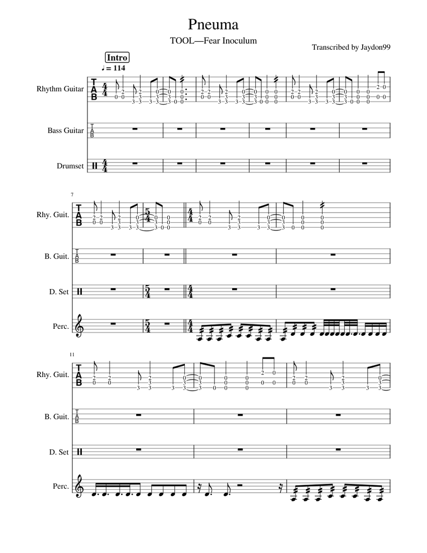 Pneuma—Tool Sheet Music and Tab for Guitar, Bass guitar, Drum group ...