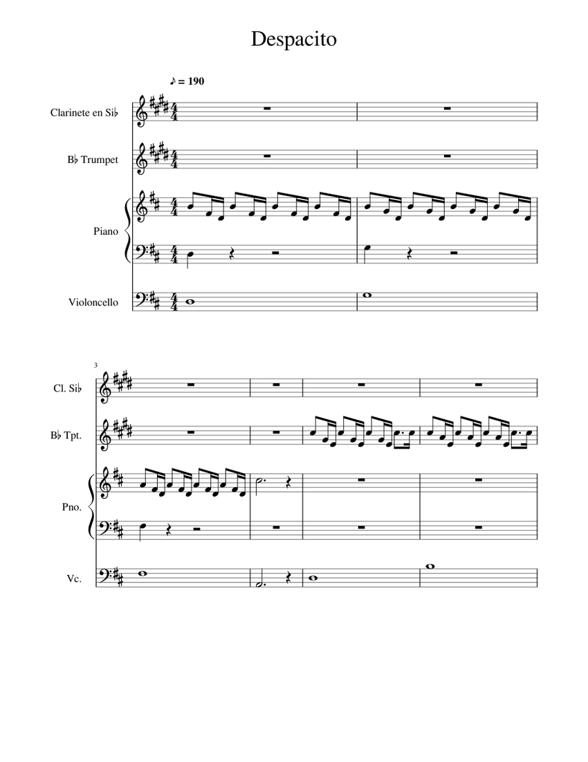 Despacito Sheet music for Piano, Clarinet in b-flat, Trumpet in b-flat ...