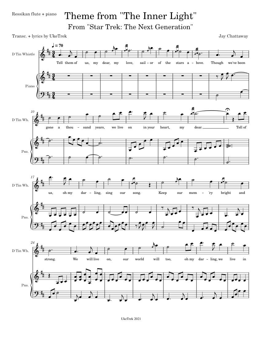 Star Trek - Theme from "The Inner Light" – Jay Chattaway Sheet Music ...
