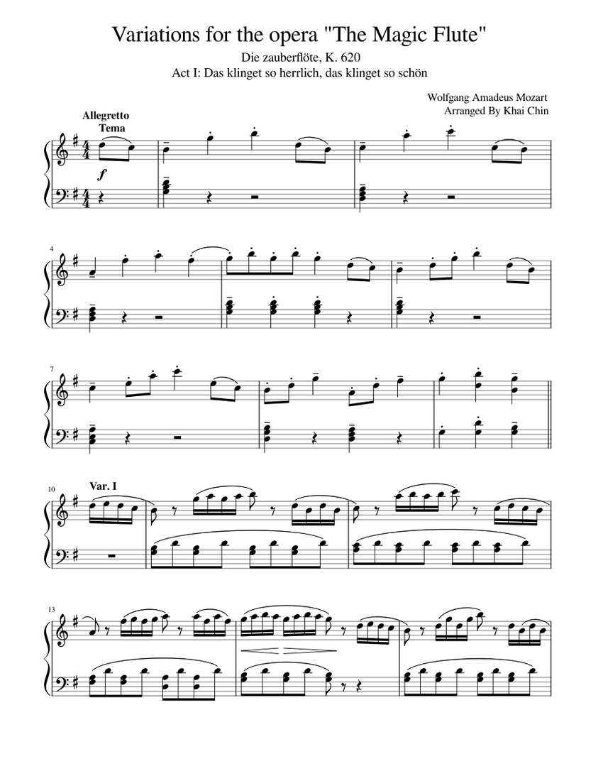 Variations for the opera “The Magic Flute” - Mozart Sheet Music for ...