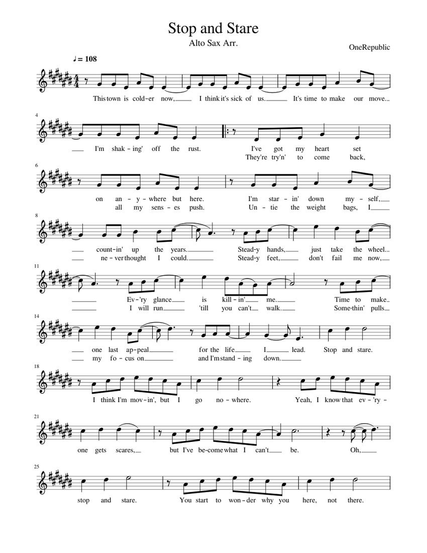 Stop and Stare Sheet Music for Saxophone alto (Solo) | MuseScore.com