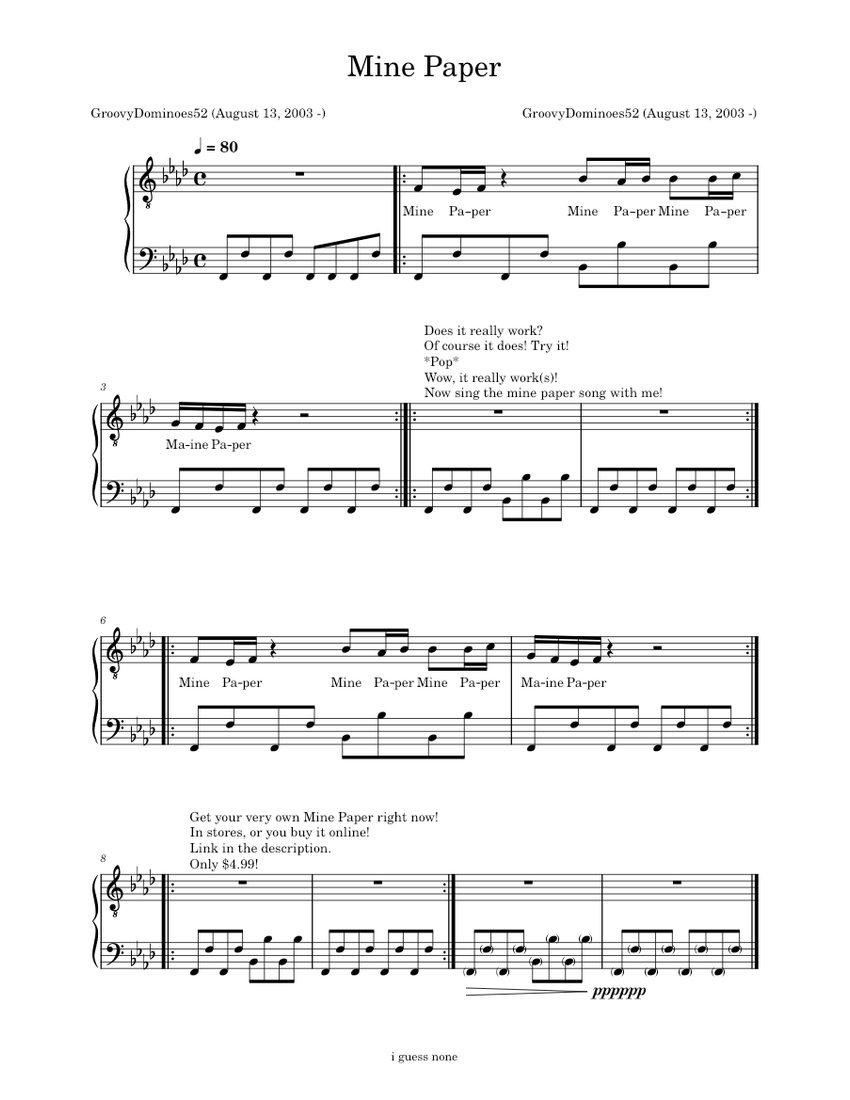 Mine Paper – GroovyDominoes52 Mine Paper Sheet Music for Piano (Solo ...