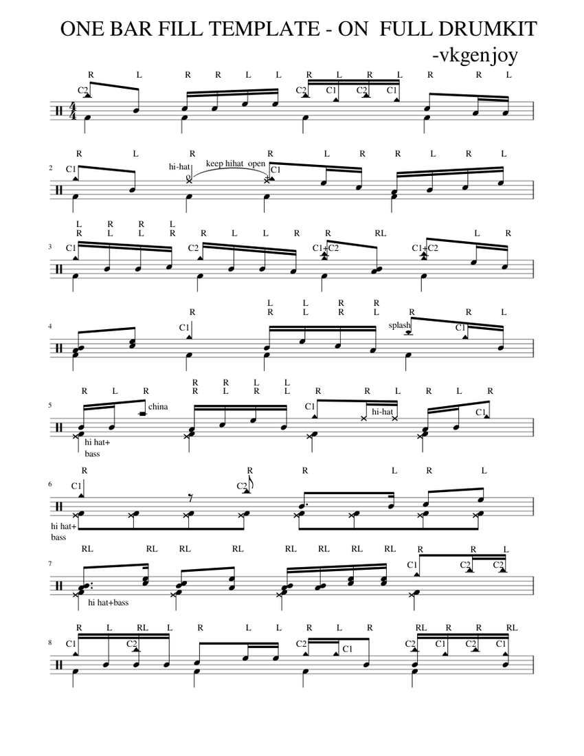 ONE BAR FILL TEMPLATE - ON FULL DRUMKIT -vkgenjoy Sheet music for Drum ...
