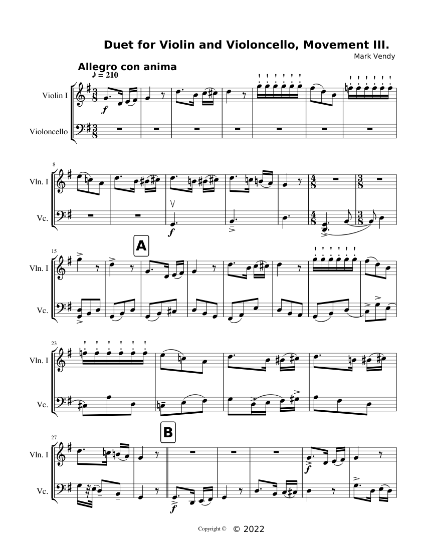 String Duet, Mvt 3.draft Sheet music for Violin, Cello (String Duet ...