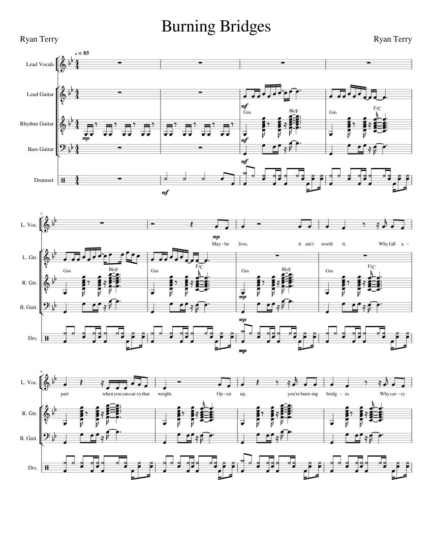 Burning Bridges Sheet Music for Vocals, Guitar, Bass guitar, Drum group ...
