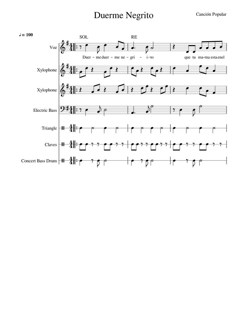 Duerme Negrito Sheet music for Piano, Bass guitar, Bass drum, Xylophone ...