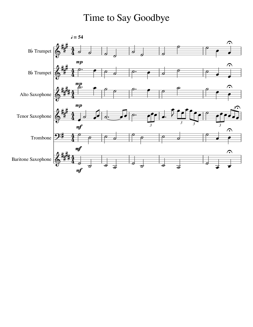 Time to Say Goodbye Sheet Music for Trombone, Saxophone alto, Saxophone ...