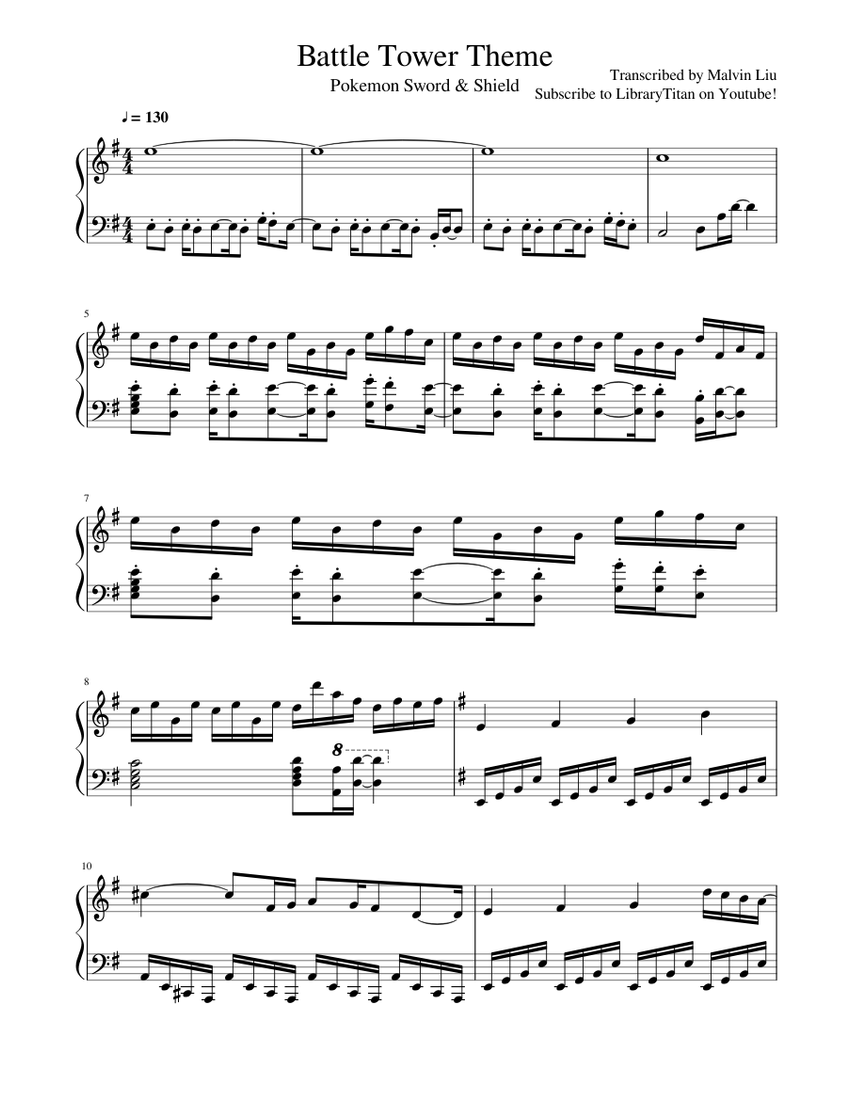Pokemon Sword & Shield Battle Tower Theme Sheet Music for Piano (Solo ...