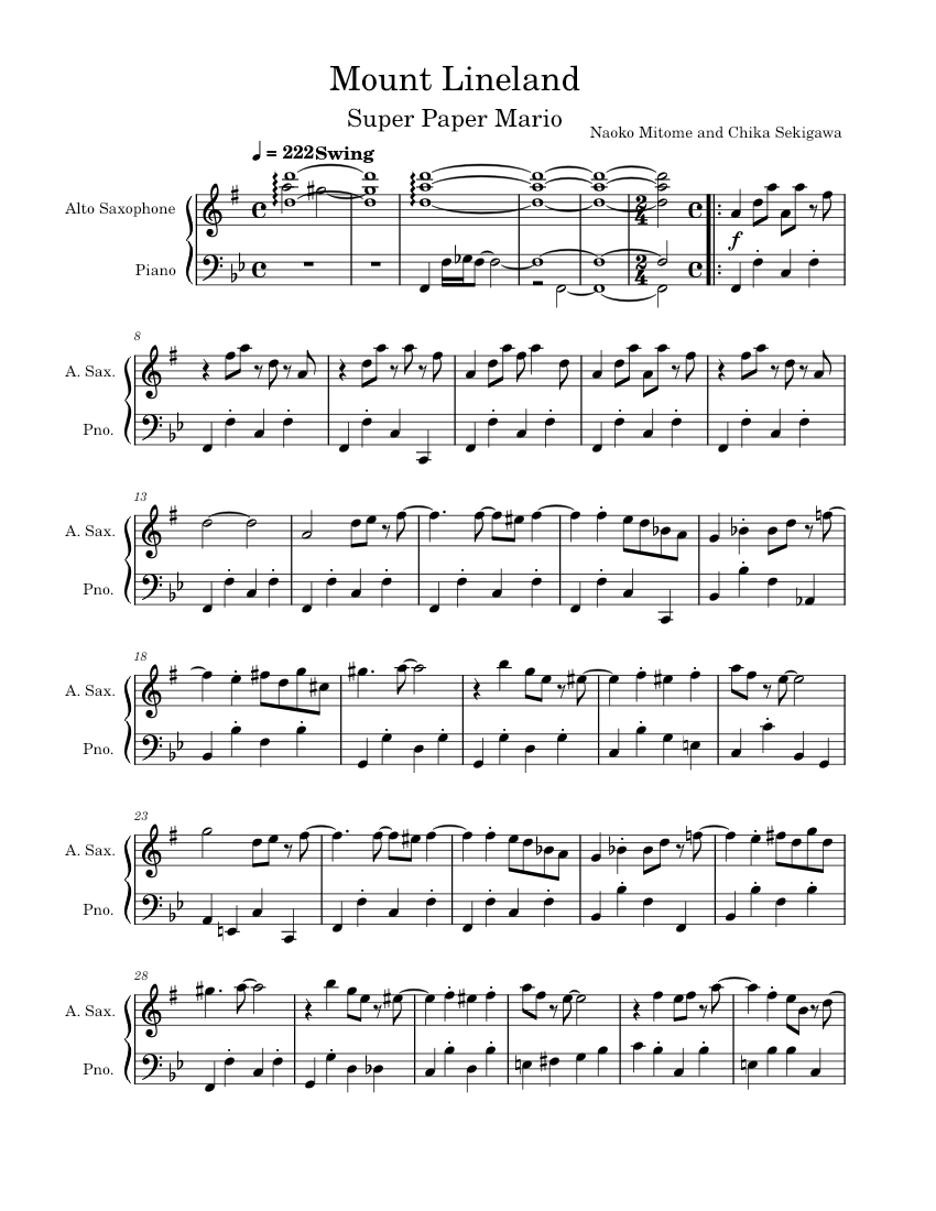 Mount Lineland – Super Paper Mario Sheet music for Piano, Saxophone ...