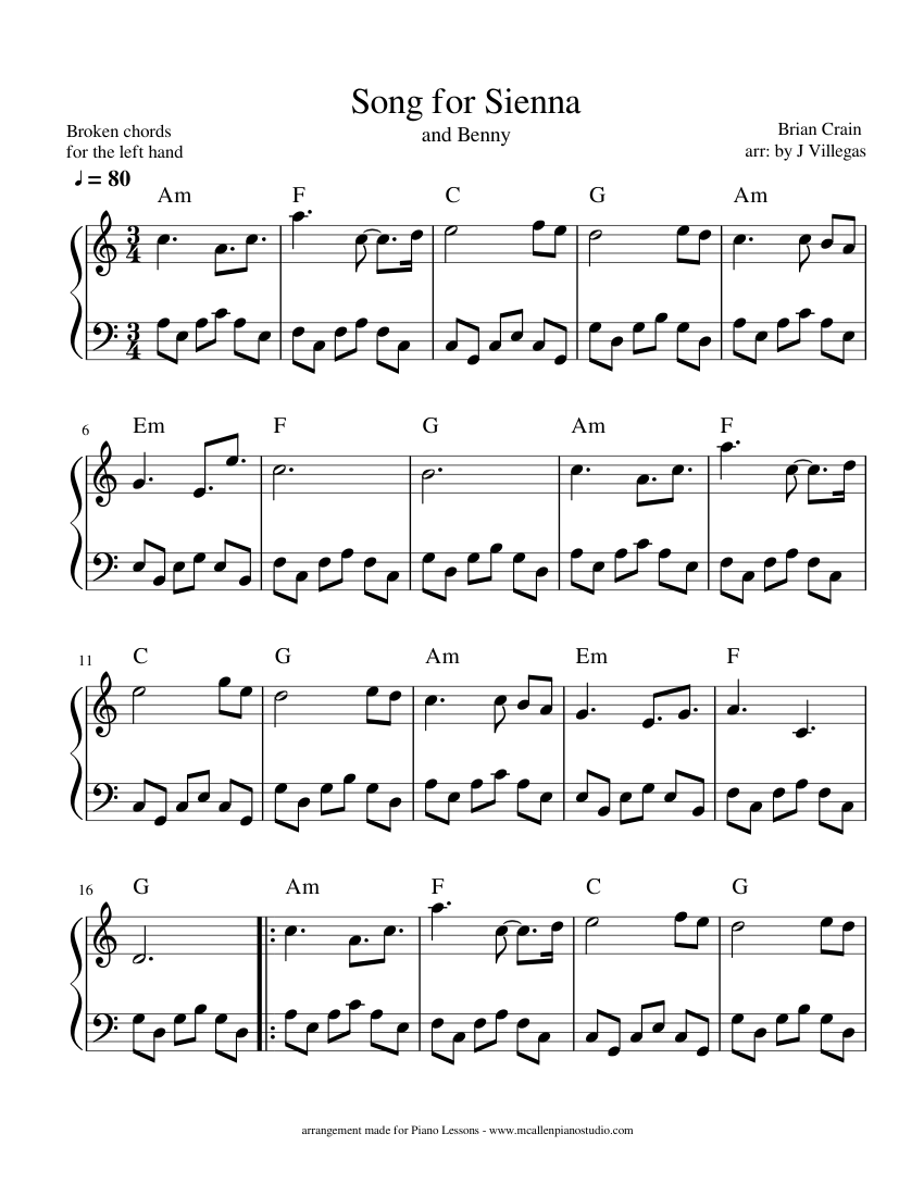 Song for Sienna Sheet Music with Chords for Piano (Solo) easy ...