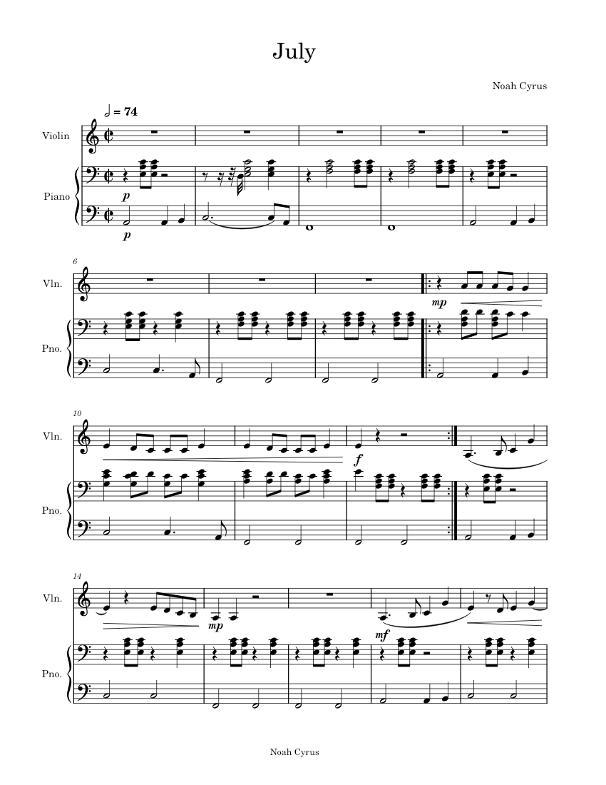 July - Noah Cyrus Sheet Music for Piano, Violin (Mixed Duet ...