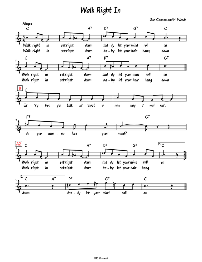 Walk Right In (Lead sheet with lyrics ) Sheet music for Piano (Solo ...