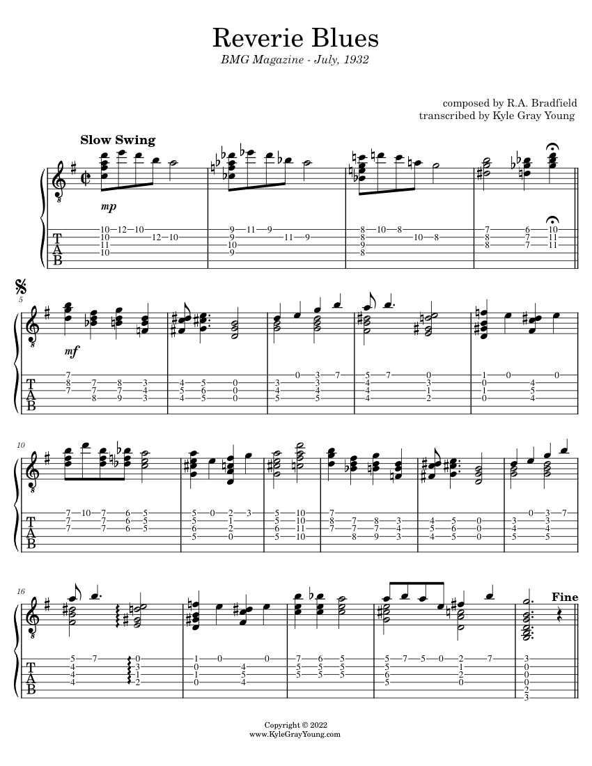 Reverie Blues – R.A. Bradfield (1932 plectrum guitar tablature) Sheet ...