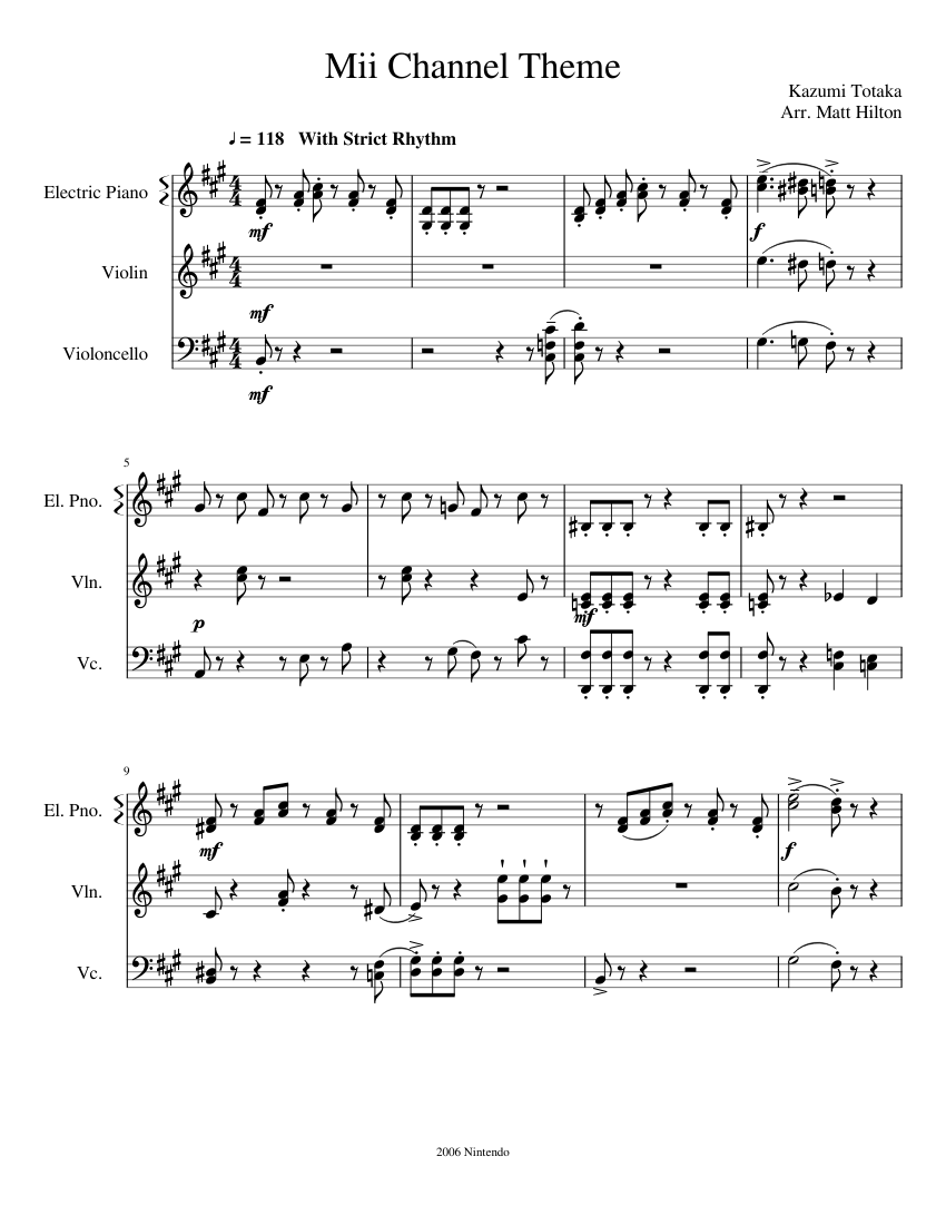 Mii Channel Theme (Instrumental) Sheet Music for Piano, Violin, Cello ...