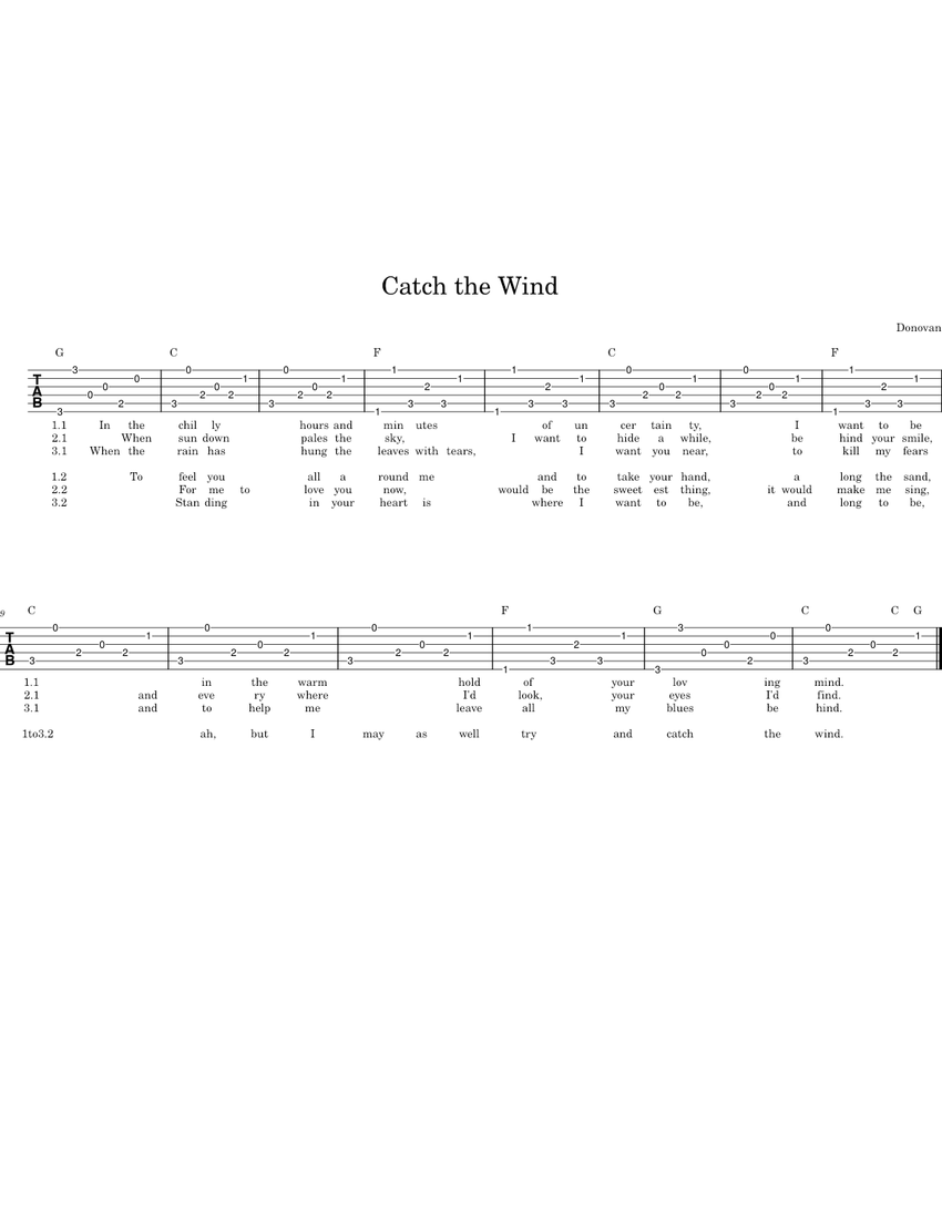 Catch the Wind Sheet Music and Tab with Chords for Guitar (Solo ...