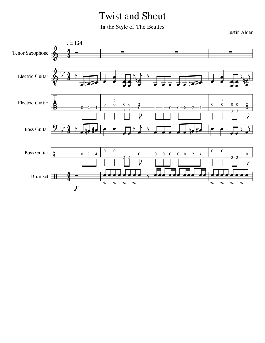 Twist and Shout Sheet Music for Saxophone tenor, Guitar, Bass guitar ...
