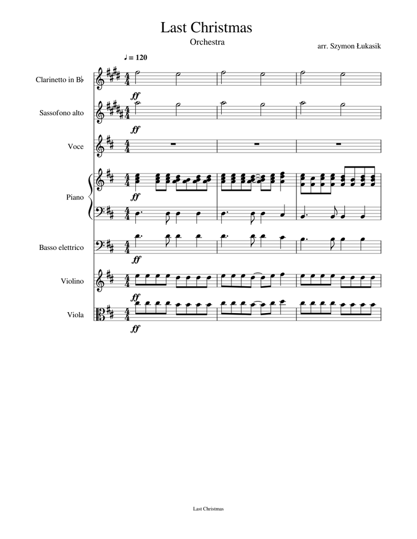 Last Christmas Sheet Music for Piano, Vocals, Clarinet in b-flat ...
