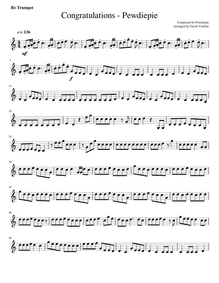 Congratulations - Pewdiepie (B♭ Trumpet ver.) Sheet Music for Trumpet ...