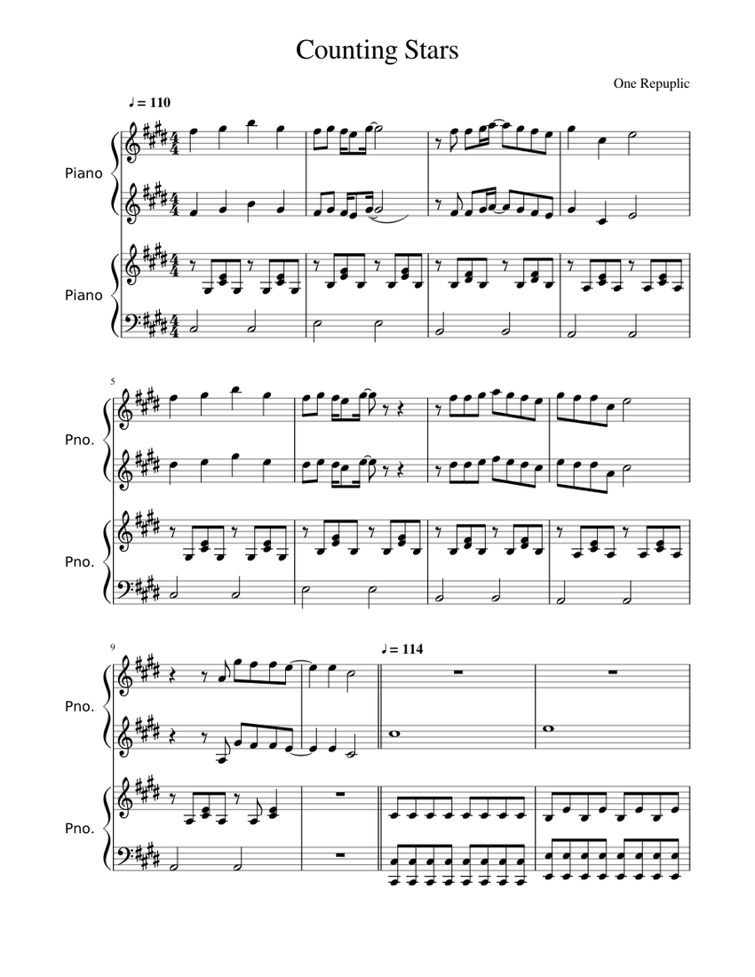 Counting Stars - One Republic Sheet Music for Piano (Piano Duo ...