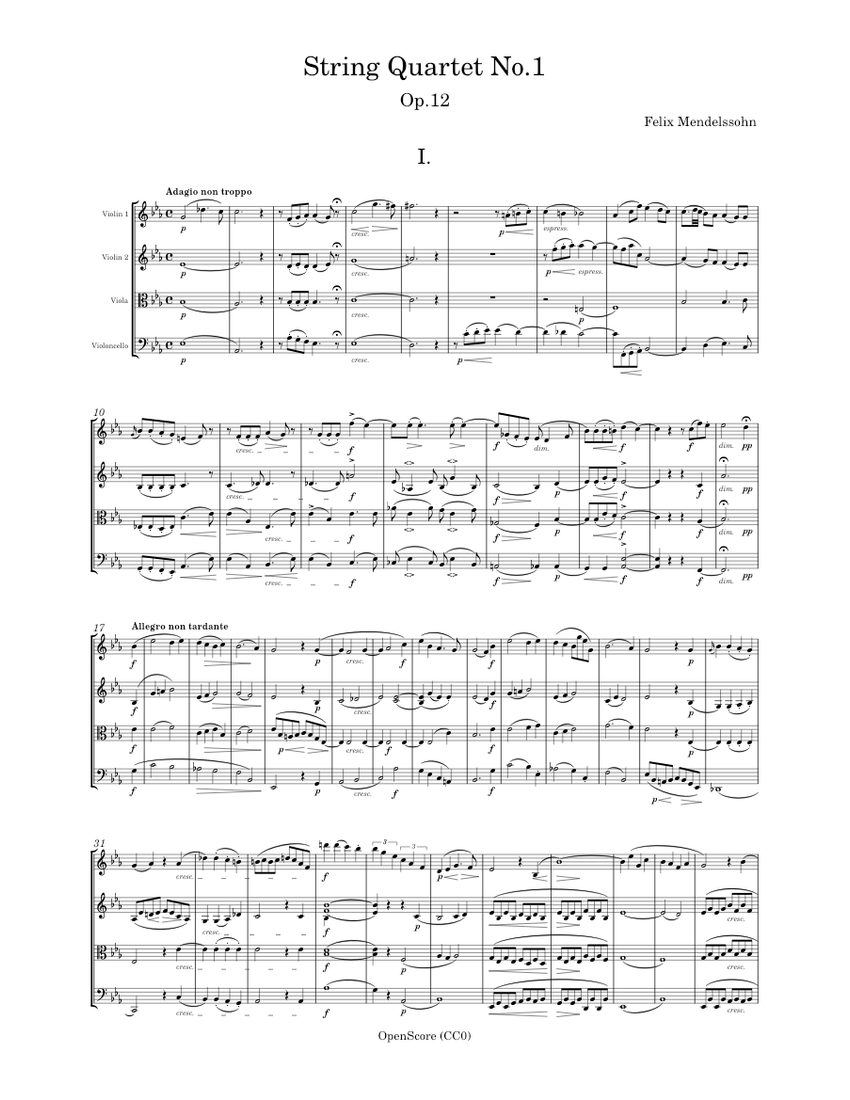 String Quartet No.1, Op.12 – Felix Mendelssohn - String Quartet No.1, Op.12 Sheet music for ...