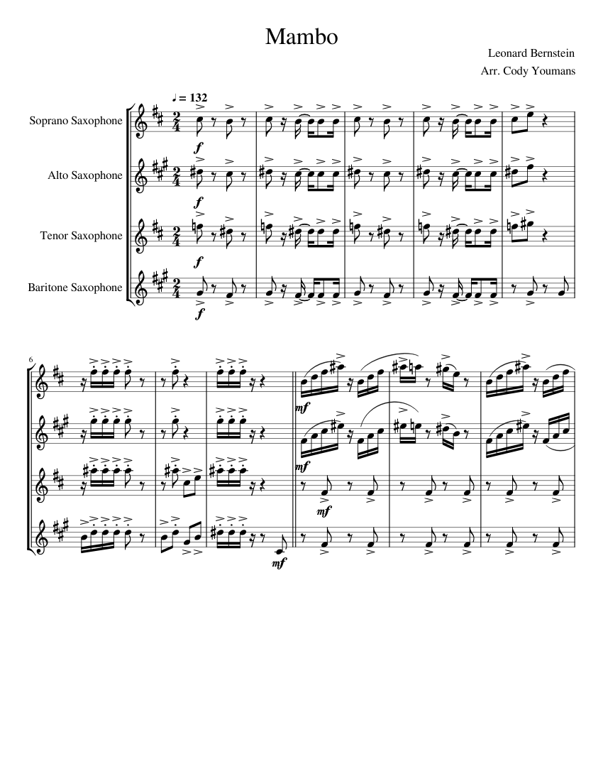 Mambo Sheet music for Saxophone alto, Saxophone tenor, Saxophone ...