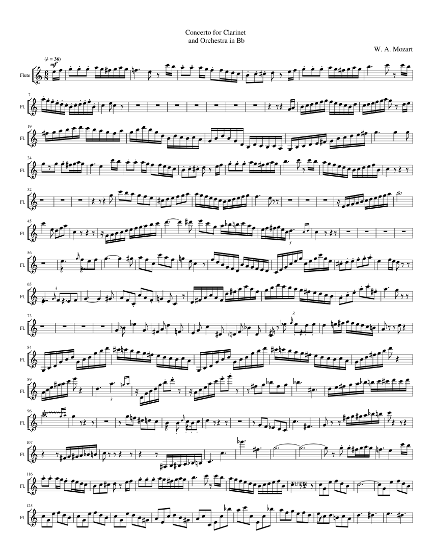 Mozart Clarinet Concerto 3rd Mov in Bb 36BPM Sheet Music for Flute ...