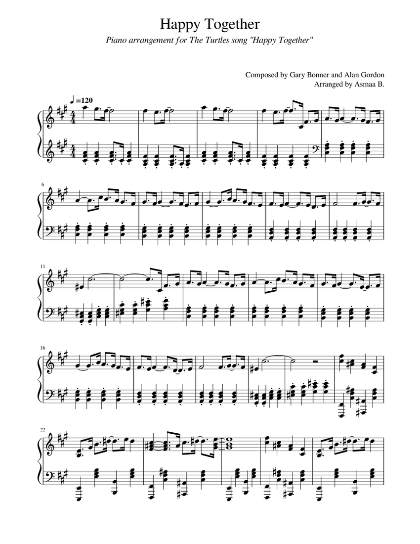Happy Together – The Turtles Sheet music for Piano (Solo) | Musescore.com