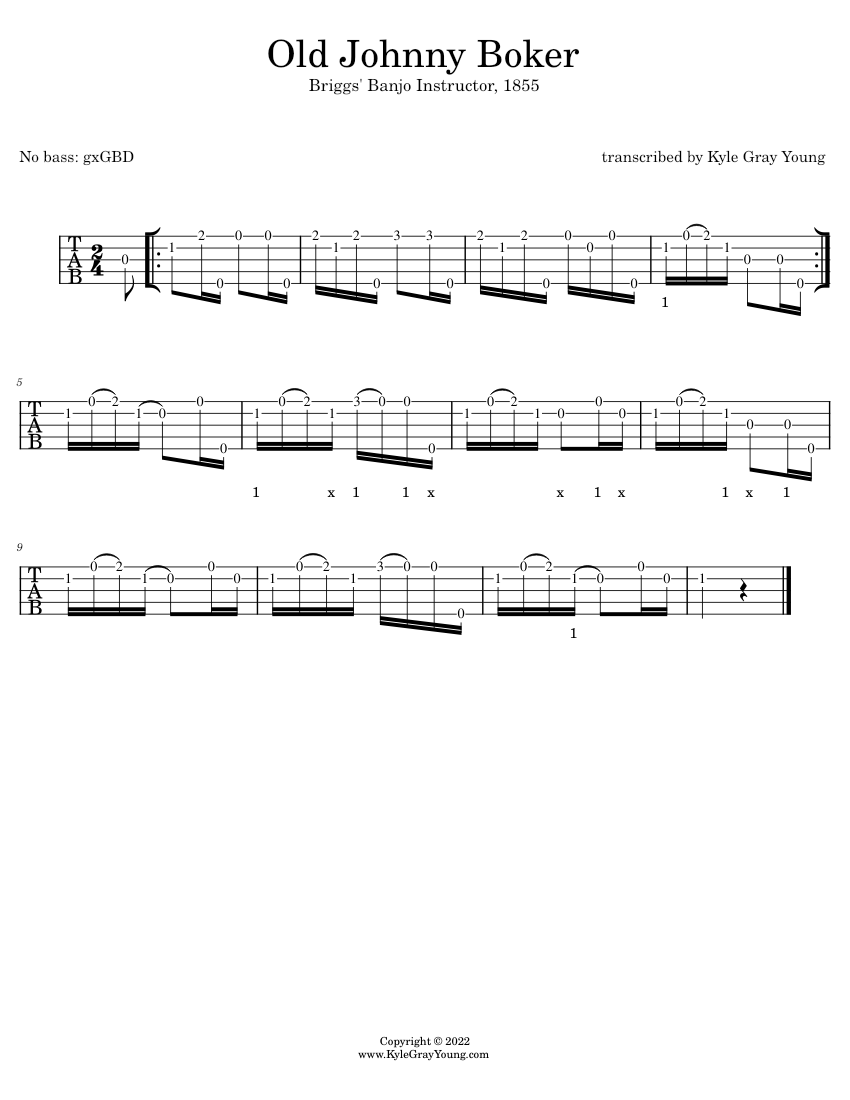 Old Johnny Boker – Briggs' Banjo Instructor (5-string banjo tabs) Sheet ...
