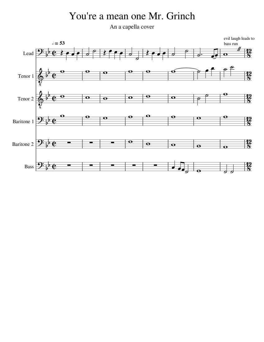 You're a mean one Mr Grinch Sheet music for Tenor, Bass voice, Baritone ...