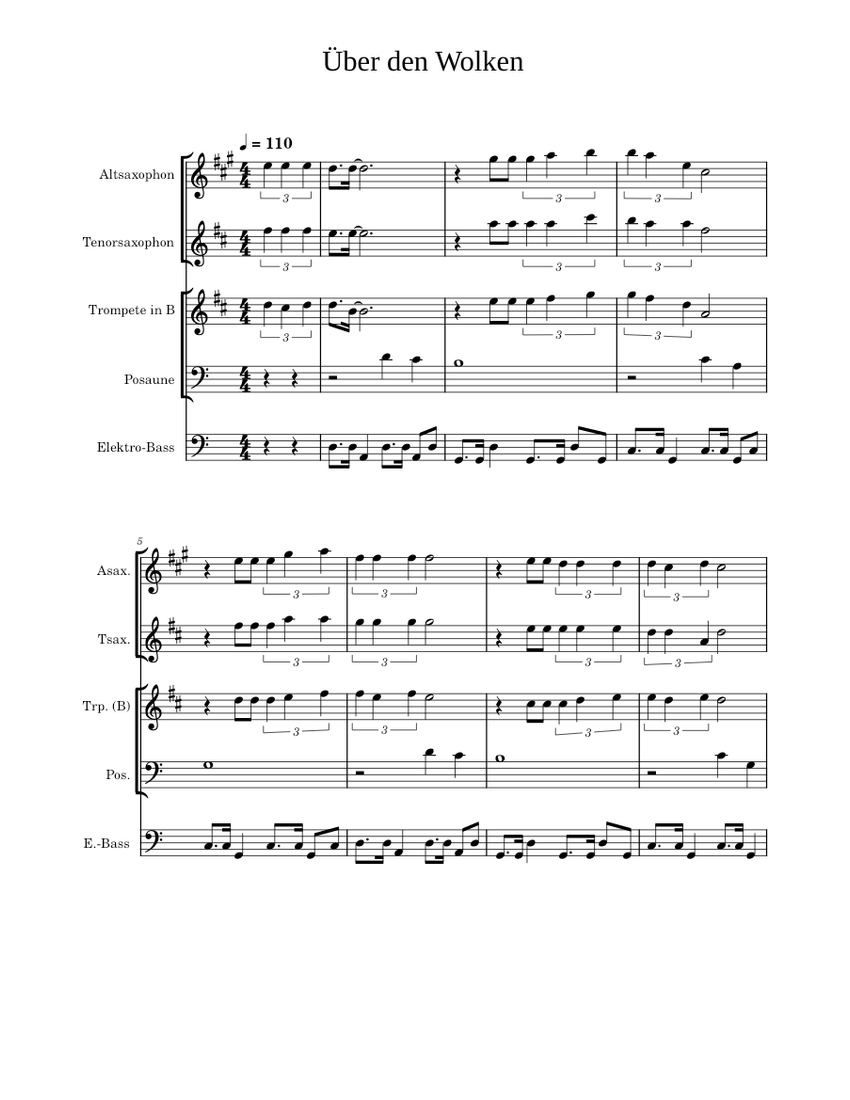 Uber den wolken – Reinhard Mey Sheet Music for Trombone, Bass voice, Saxophone alto, Saxophone ...