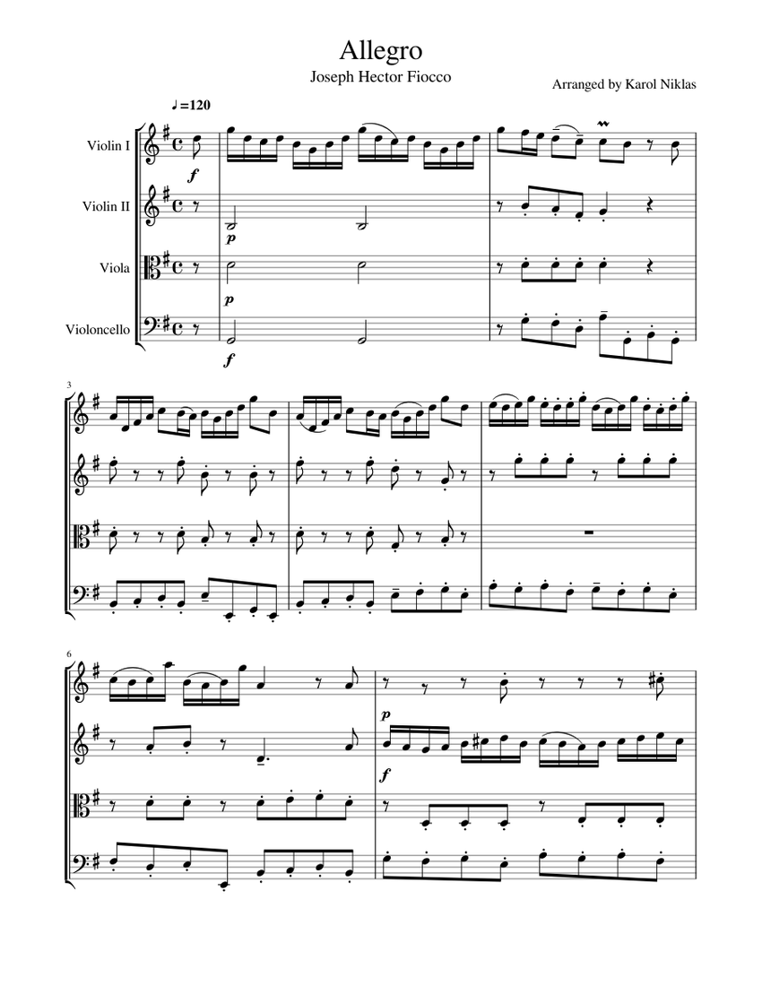Allegro by Fiocco Sheet Music for Violin, Viola, Cello (String Quartet ...