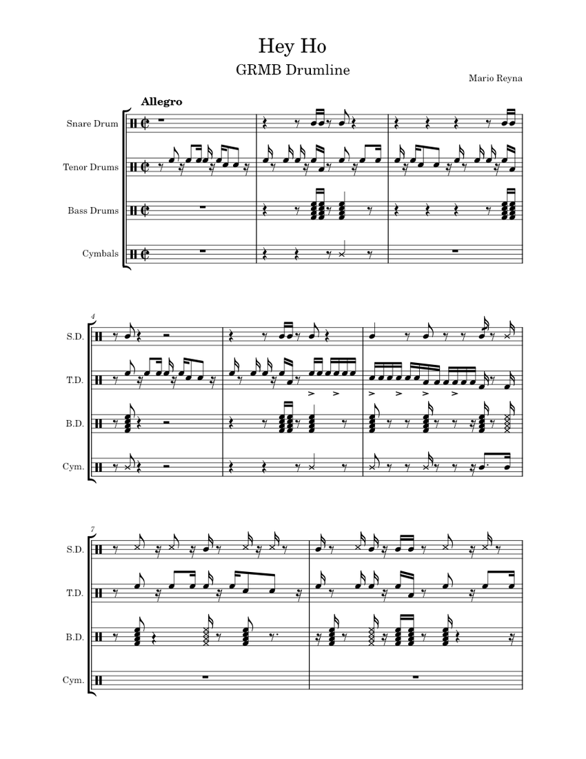 Hey Ho Sheet music for Snare drum, Crash, Tenor drum, Bass drum ...