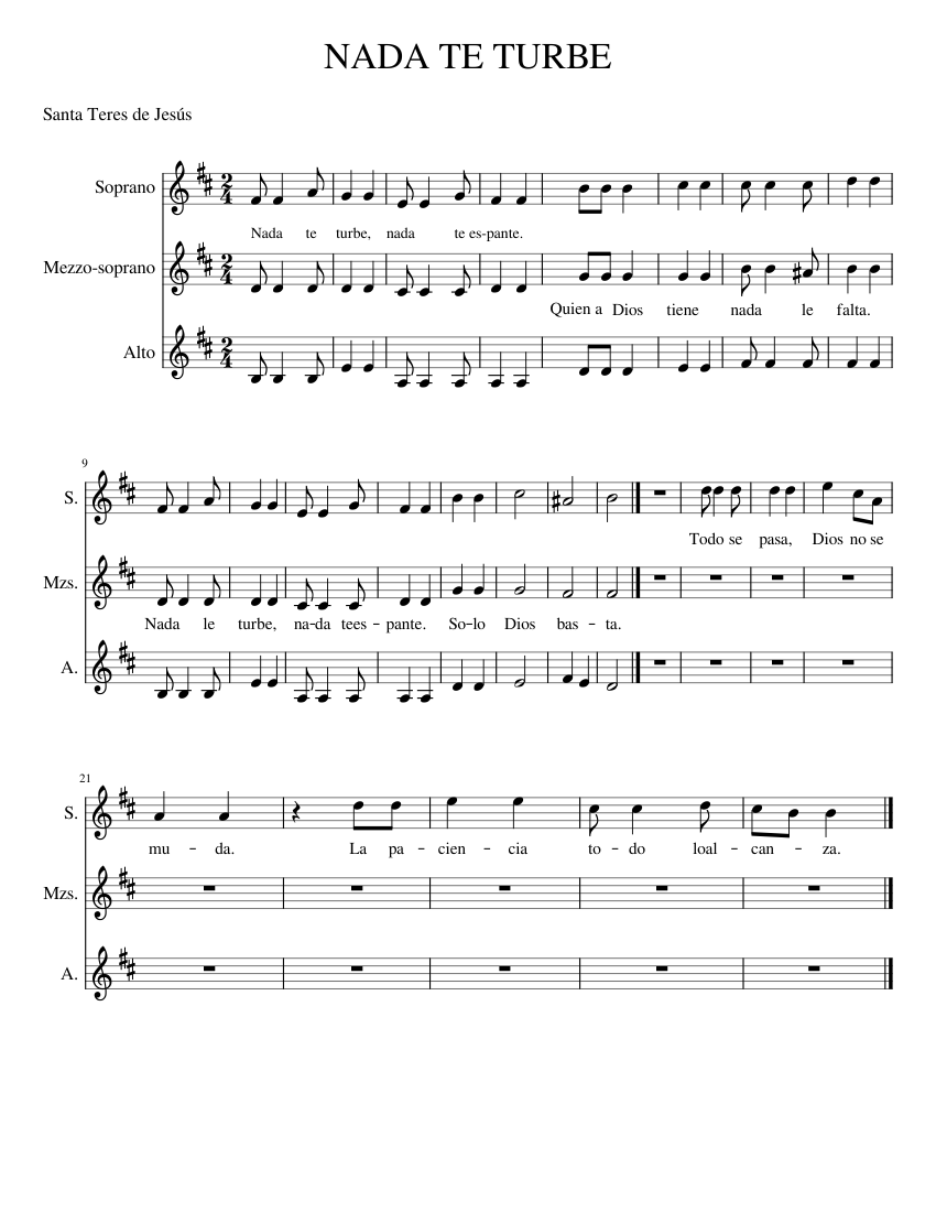 NADA TE TURBE Sheet Music for Soprano, Alto, Mezzo soprano (Choral ...