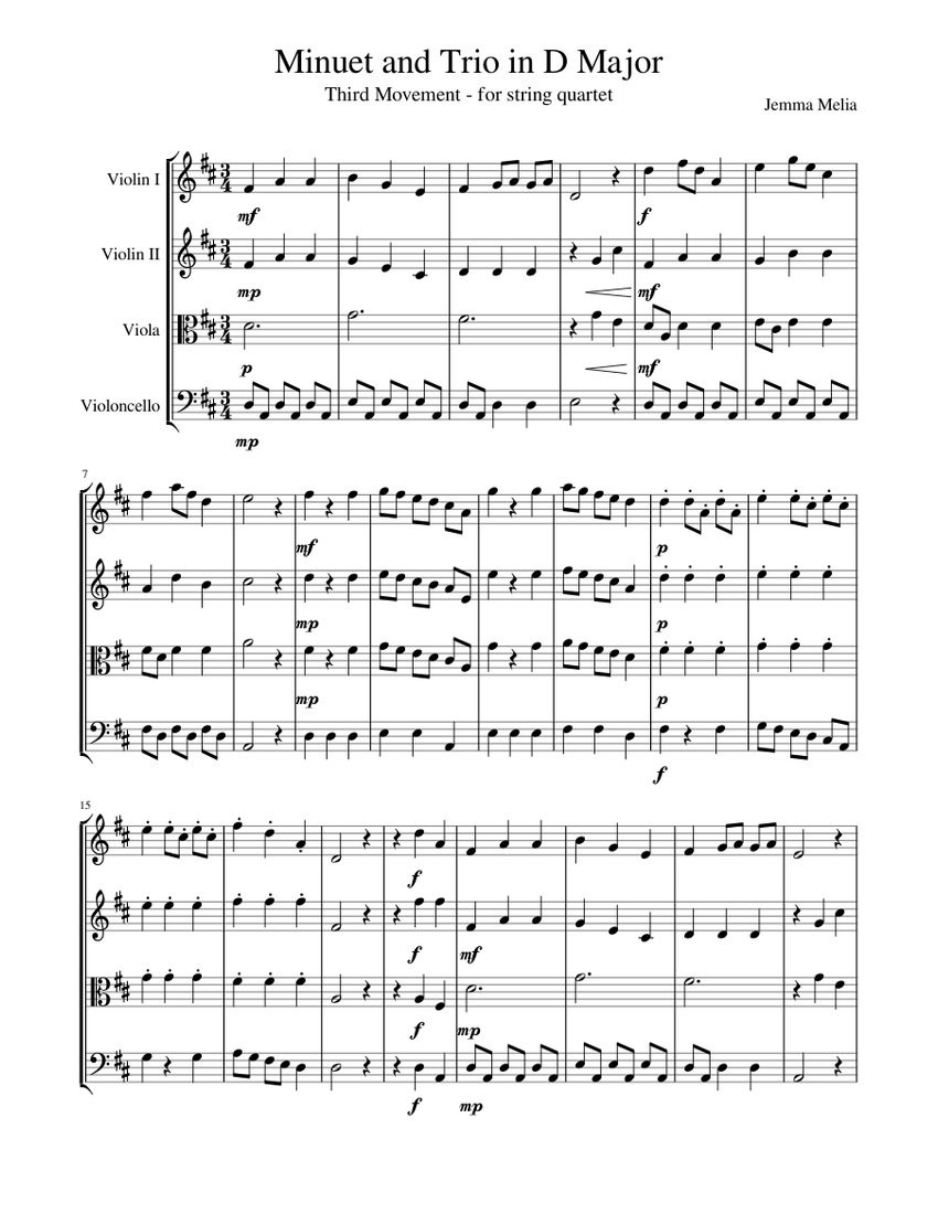 Minuet and Trio in D Major Sheet Music for Violin, Viola, Cello (String ...