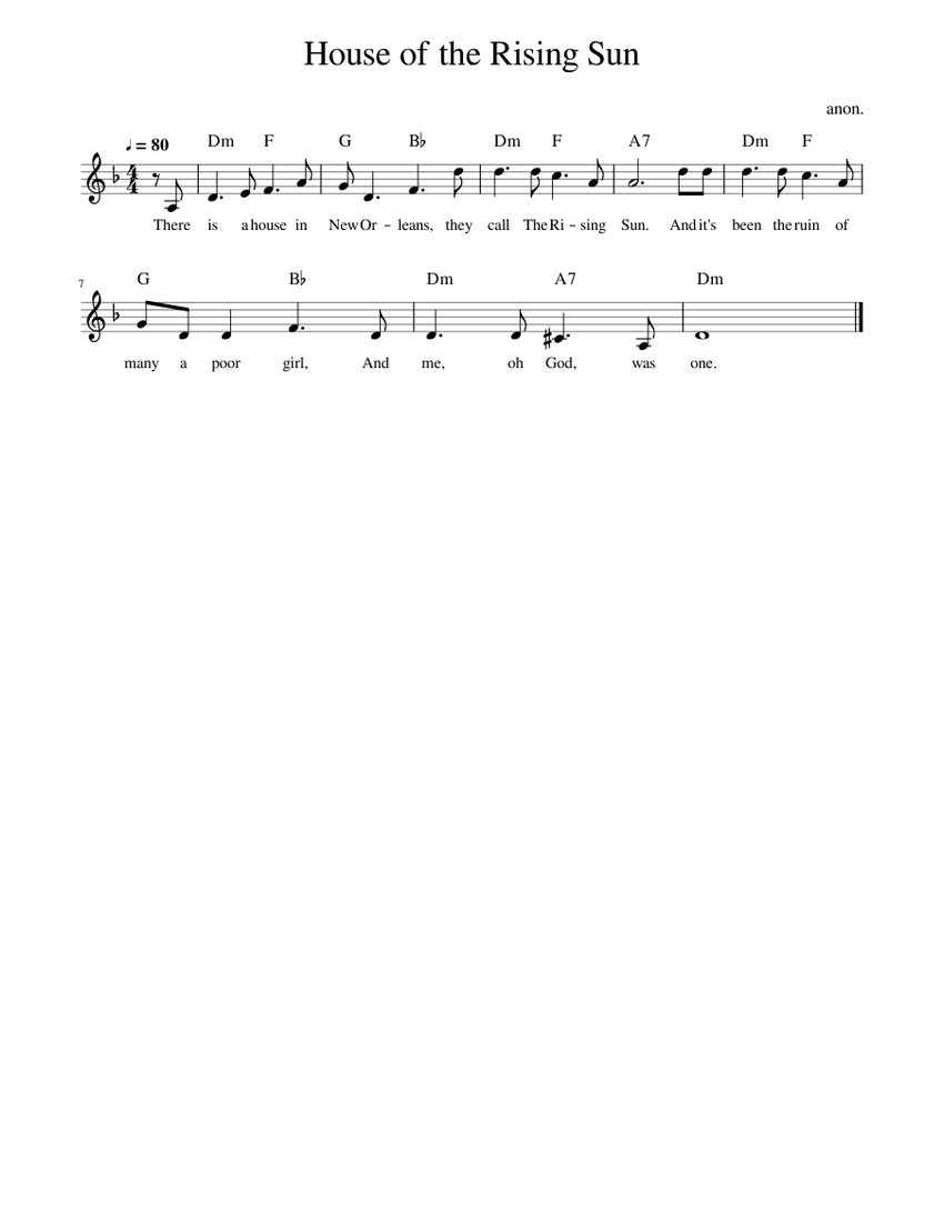 House of the Rising Sun Sheet music for Piano (Solo) Easy | Musescore.com