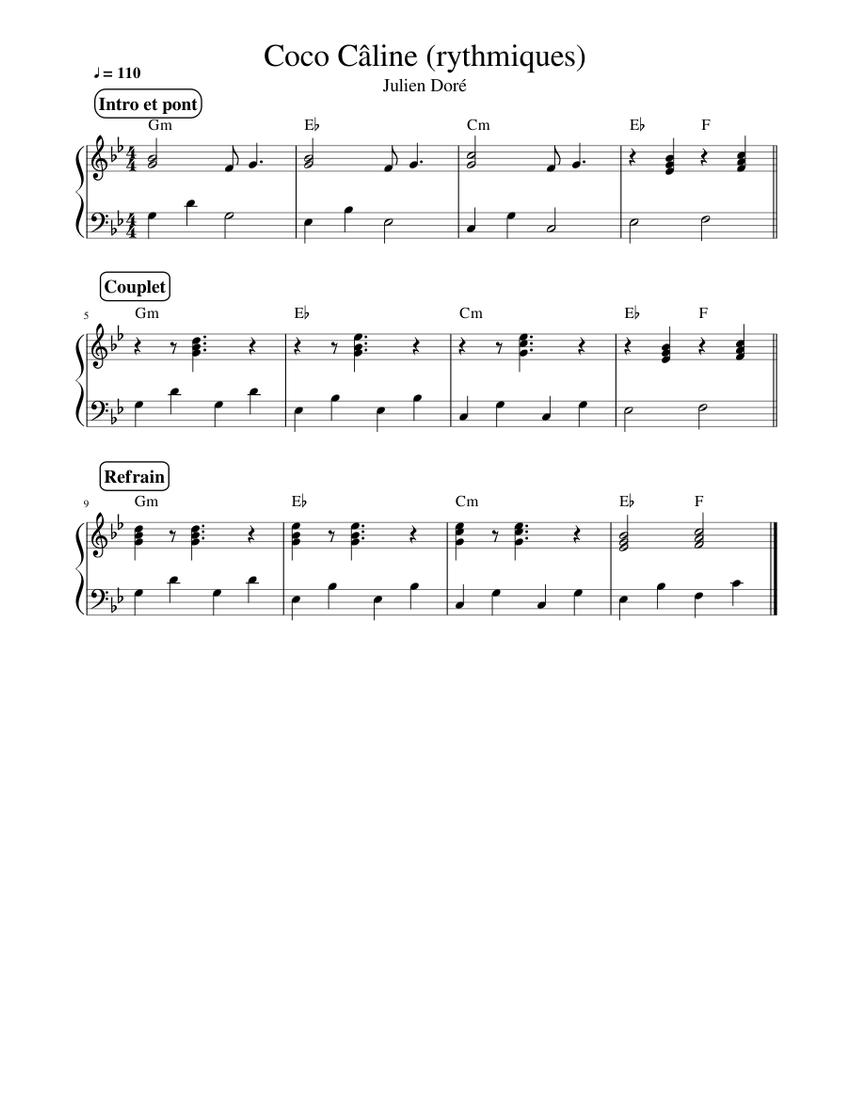 Julien Doré, Coco Caline - accords et rythmiques Sheet Music for Piano ...
