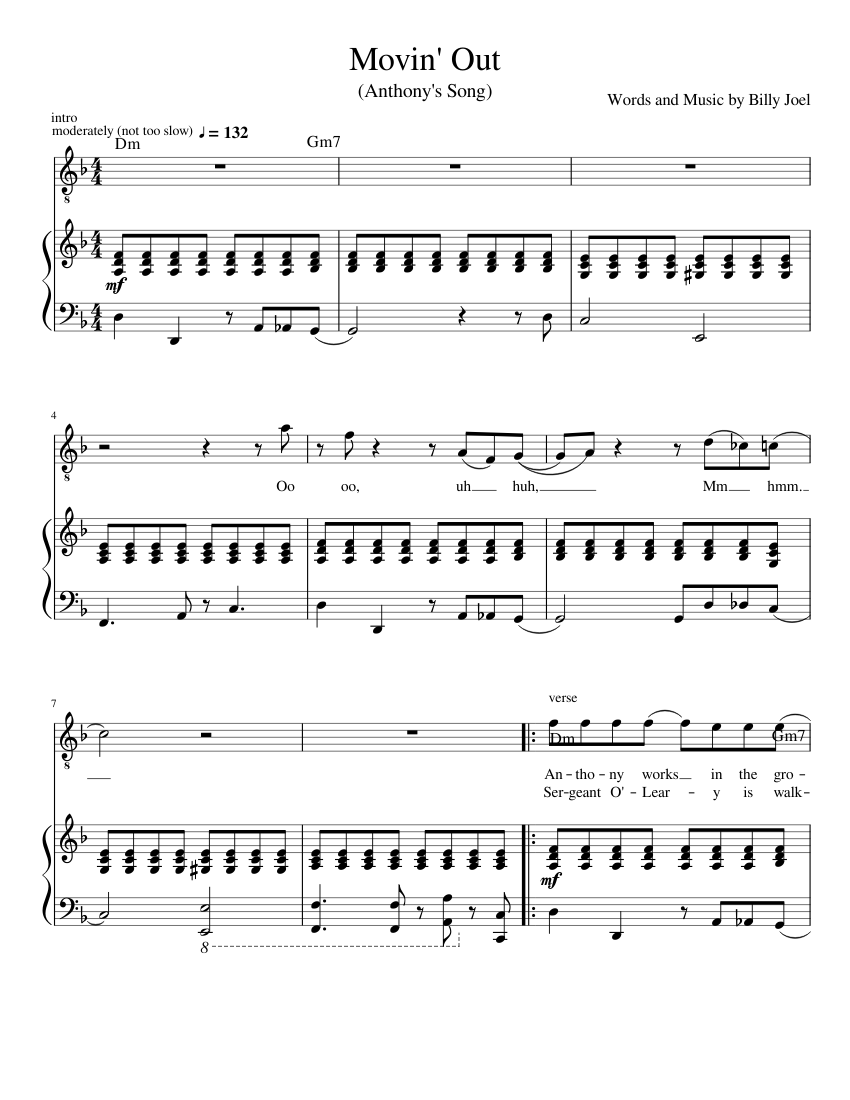Movin' Out Sheet Music with Chords for Piano, Vocals (Piano-Voice ...