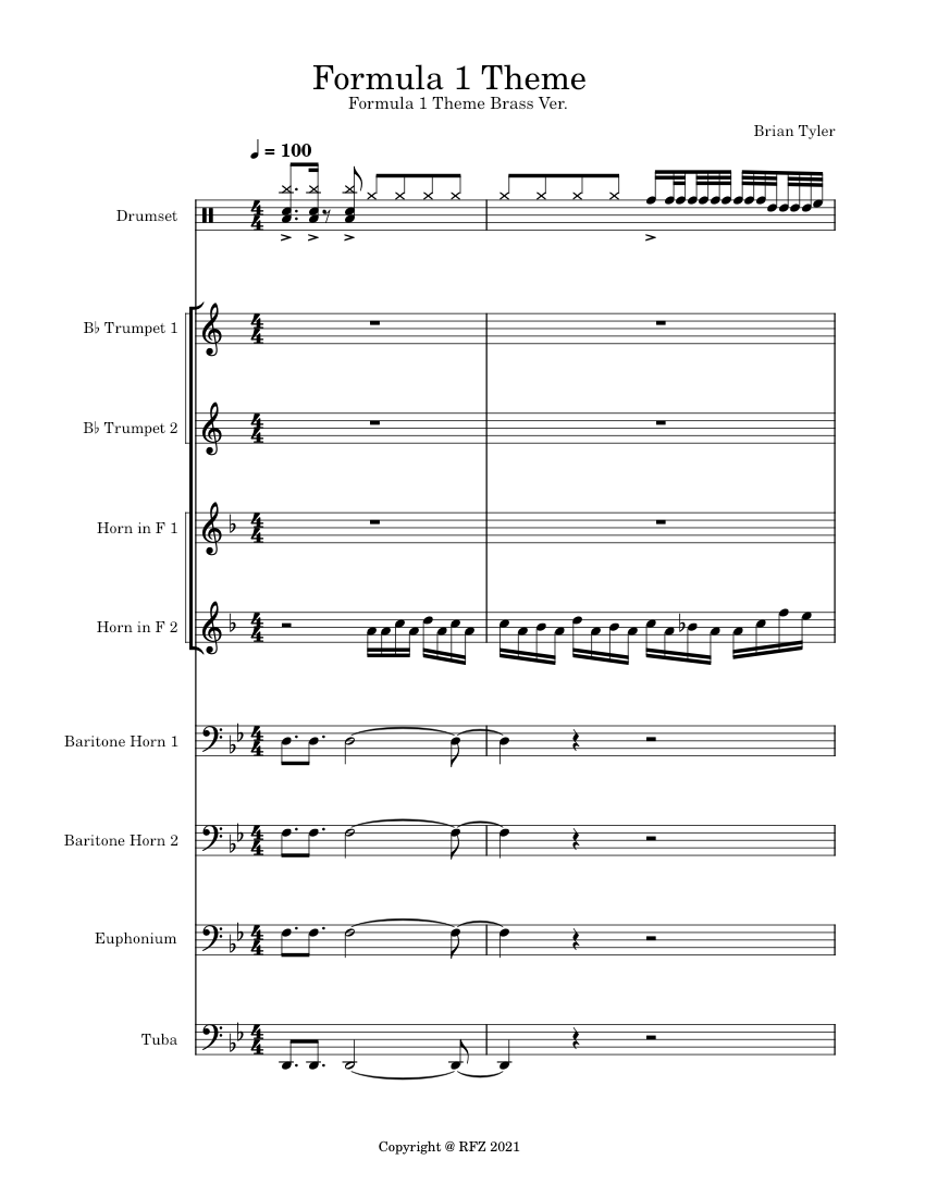Formula 1 Theme (Brass Ensemble & Drumset) Sheet Music for Euphonium ...