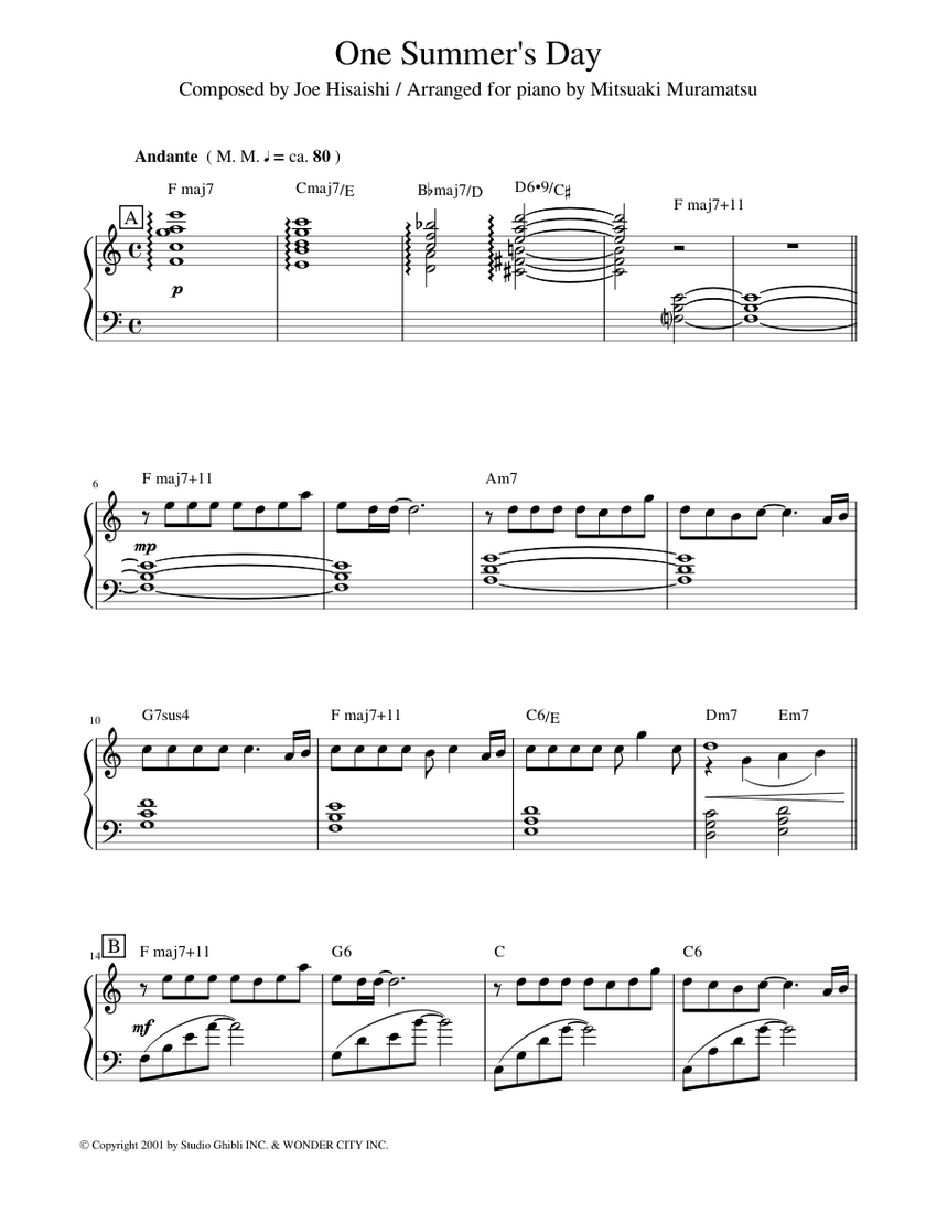 One Summer's Day - Joe Hisaishi Sheet Music for Piano (Solo ...