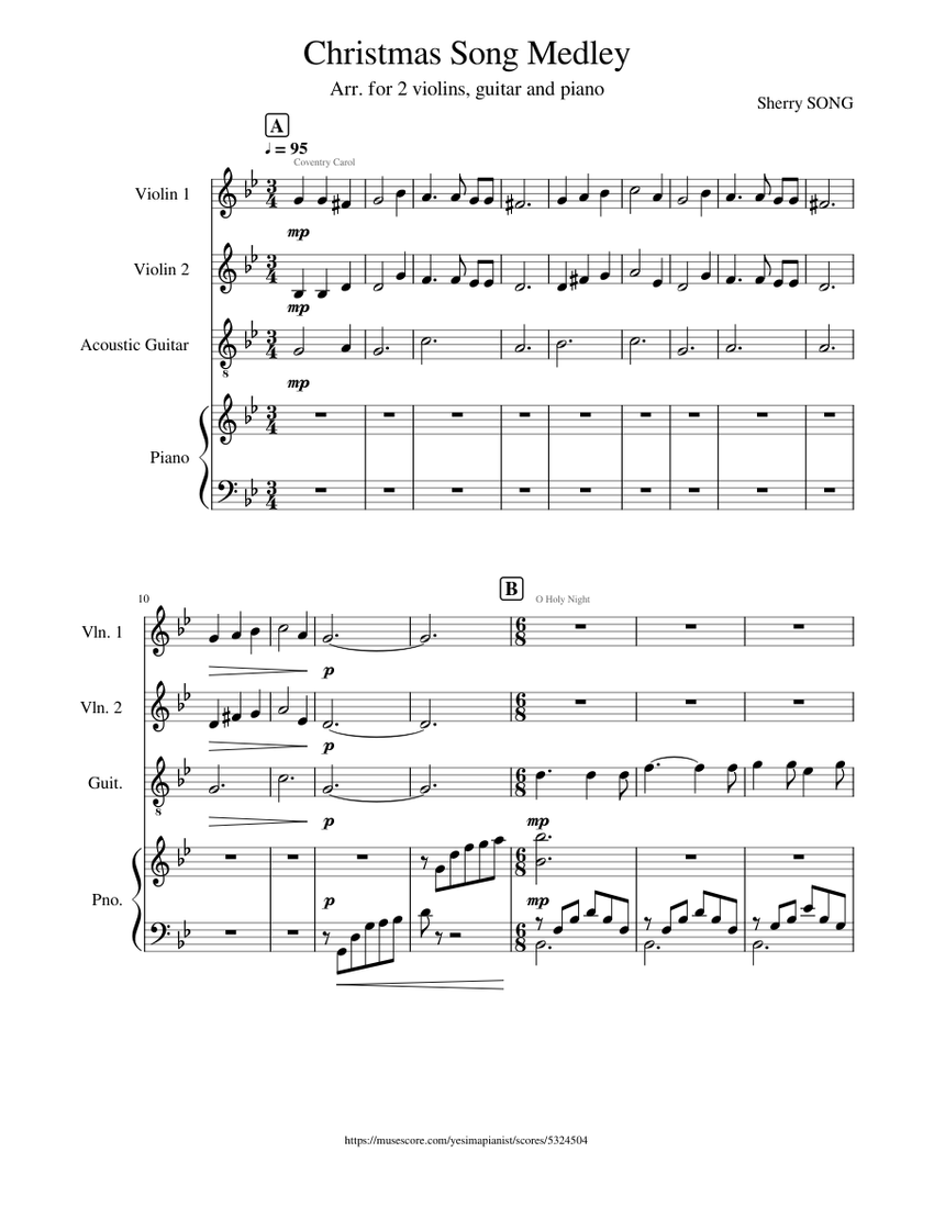 Christmas Song Medley 2020 arr. for 2 violins & guitar & piano Sheet ...